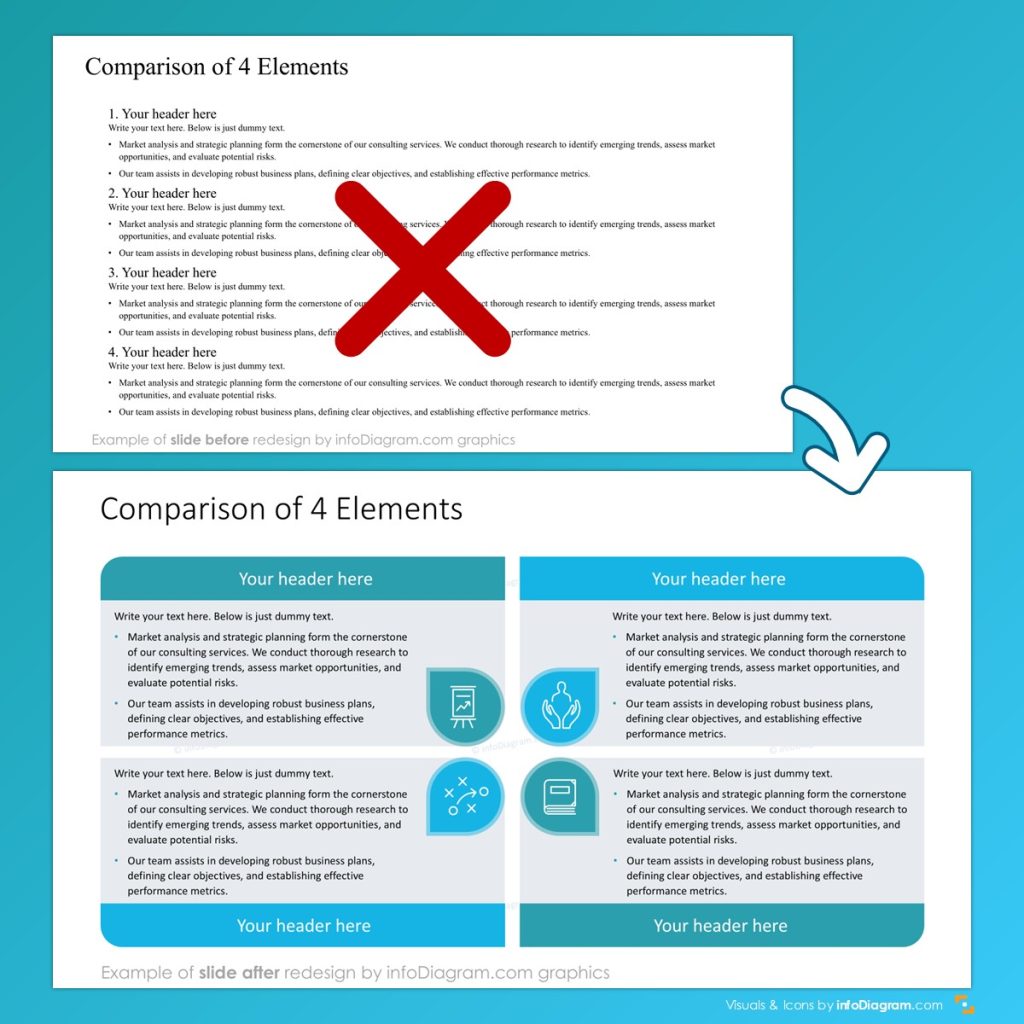 infodiagram_Before_After_Slide_comparison_4elements_dense_text_deck_PPT ...